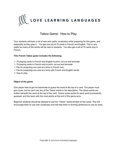 French Taboo Speaking Game - Animals - Les Animaux | Teaching Resources