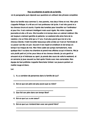 GCSE French Ma famille et Moi Reading Task | Teaching Resources