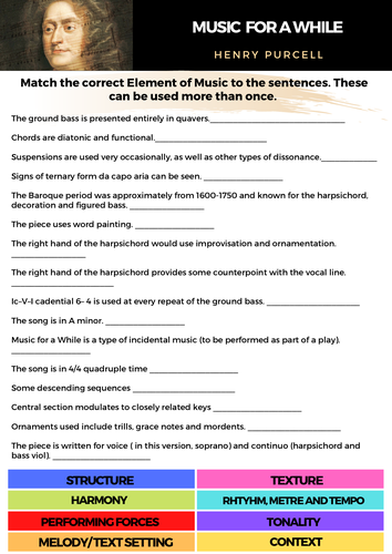 Purcell 'Music for a While' Resources Edexcel Music GCSE | Teaching Resources
