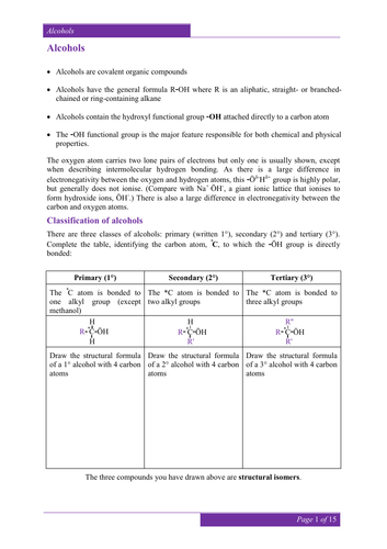 Alcohols Workbook - A-Level Chemistry | Teaching Resources