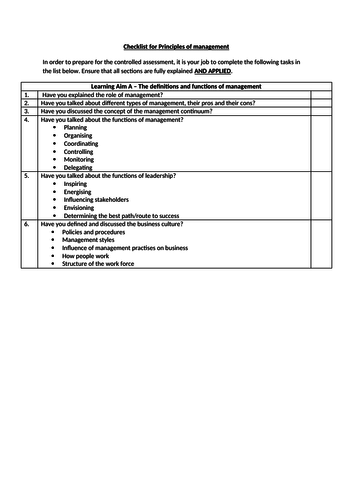 Learning Aim Checklist for Unit 6 - Principles of Management - Pearson ...
