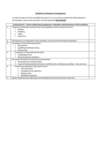 Learning Aim Checklist for Unit 6 - Principles of Management - Pearson ...