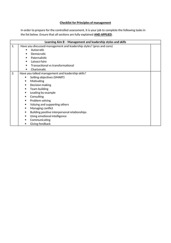 Learning Aim Checklist for Unit 6 - Principles of Management - Pearson ...