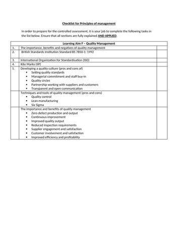 Learning Aim Checklist for Unit 6 - Principles of Management - Pearson ...