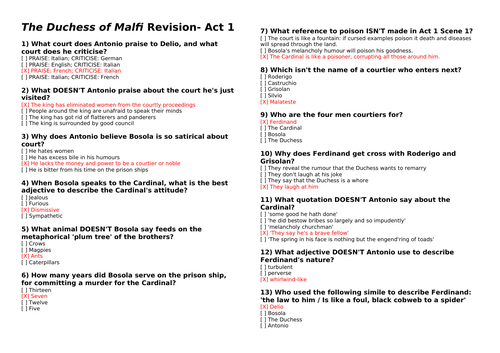 The Duchess of Malfi 6 Revision Quizzes | Teaching Resources