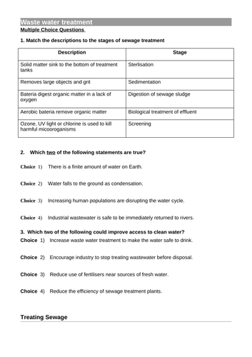 GCSE Combined Science: Waste Water Treatment (AQA) | Teaching Resources