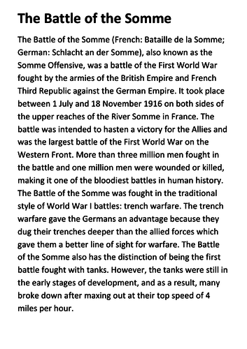 The Battle of the Somme Handout | Teaching Resources