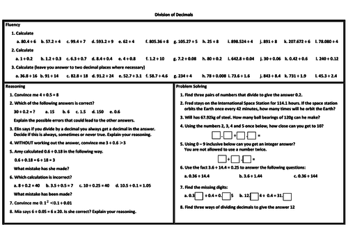 Division of Decimals Problem Solving Mastery Worksheet | Teaching Resources