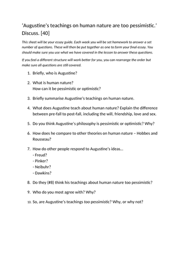 OCR A-Level RS: Augustine on Human Nature Whole Unit | Teaching Resources