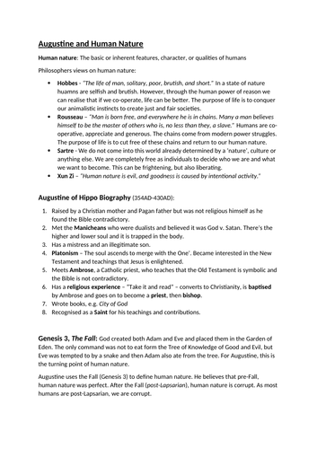 OCR A-Level RS: Augustine on Human Nature Whole Unit | Teaching Resources