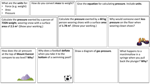 Pressure (in fluids) Revision/Summary/Research Sheet (with answers ...