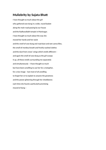 IGCSE English: Poetry - Muliebrity by Sujata Bhatt (0475) and (0992 ...