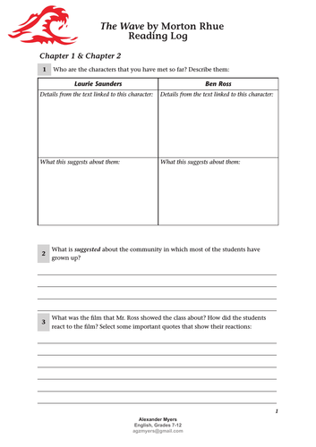 "The Wave" - Morton Rhue / Todd Strasser - Reading Log & Comprehension ...
