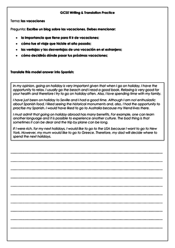 Spanish GCSE holidays translation: a longer writing activity on las ...