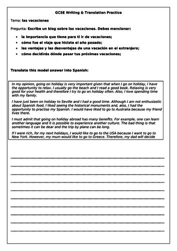 Spanish GCSE holidays translation: a longer writing activity on las ...