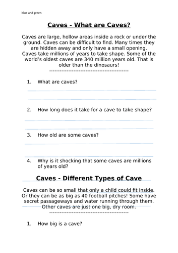 Caves Comprehension Year 2 Key Stage 1 | Teaching Resources