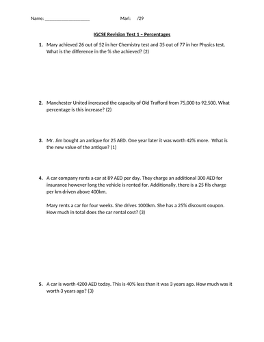 IGCSE Percentages Test GCSE KS3 with Solutions | Teaching Resources IGCSE Percentages Test GCSE KS3 with Solutions | Teaching Resources