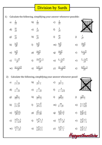 Division Of Surds Over 100 Questions With Answers Teaching Resources