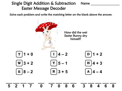 Single Digit Addition and Subtraction Easter Math Activity: Message ...