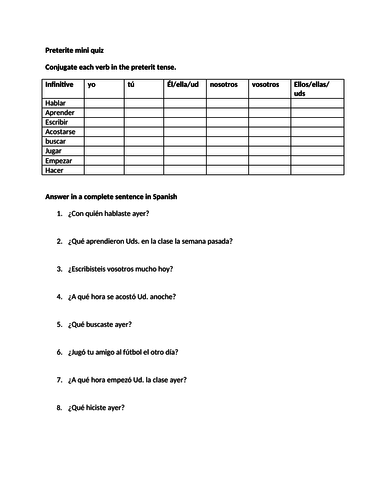 Preterite mini quiz | Teaching Resources