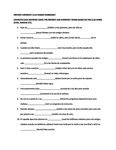 preterit imperfect clue words worksheet | Teaching Resources