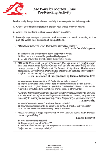 "The Wave" - Morton Rhue / Todd Strasser - Pre-Reading Activity ...