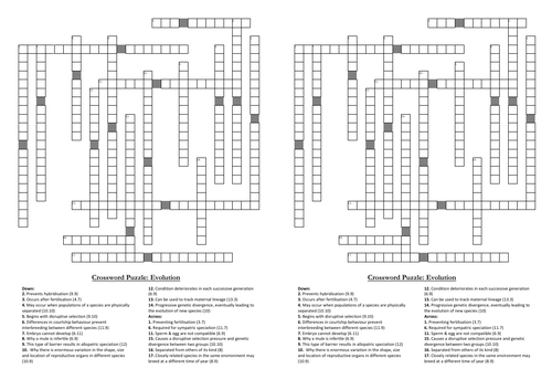 Selection & Evolution Crossword Puzzles (A-level Biology) | Teaching ...