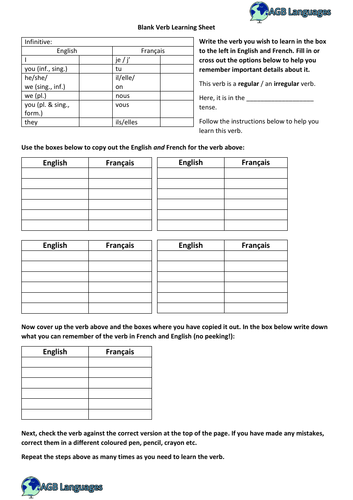 French Blank Verb Sheet (KS3/4) | Teaching Resources