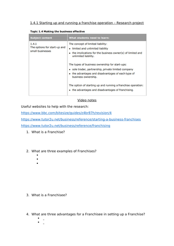 1.4.1 Business Ownership and Franchising lessons Edexcel GCSE Business ...