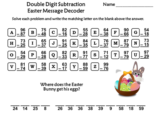 Double Digit Subtraction Easter Math Activity: Message Decoder ...