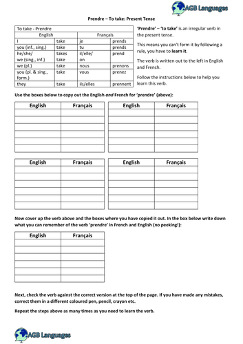Prendre Worksheet (French KS3/4) | Teaching Resources