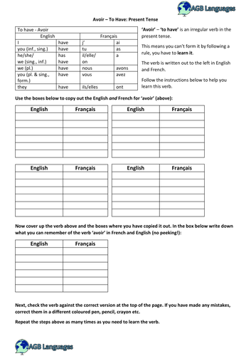 Avoir Worksheet (French KS3/4) | Teaching Resources
