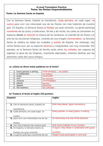 Spanish A Level las fiestas hispanohablantes: translations on la Semana ...