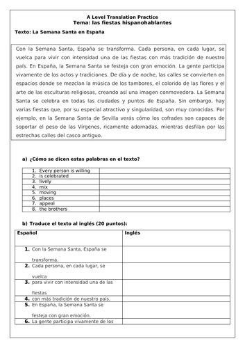 Spanish A Level las fiestas hispanohablantes: translations on la Semana ...