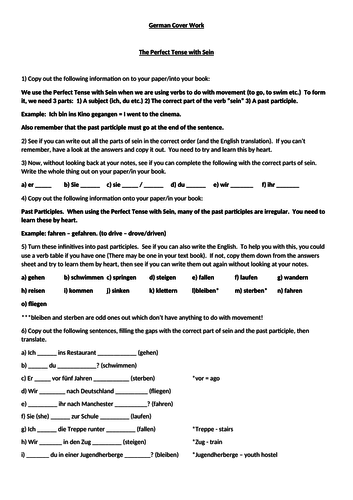 German Cover Work Perfect Tense with Sein | Teaching Resources