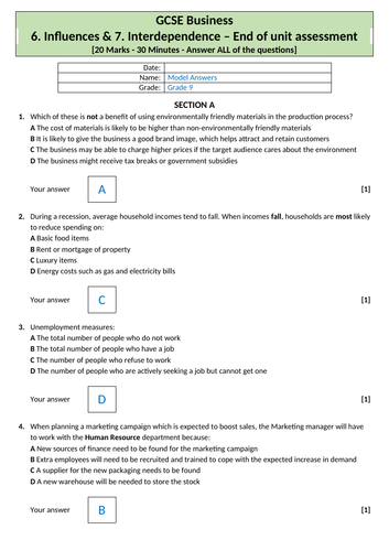 GCSE Business (9-1) OCR – Influences on Business & Interdependent ...