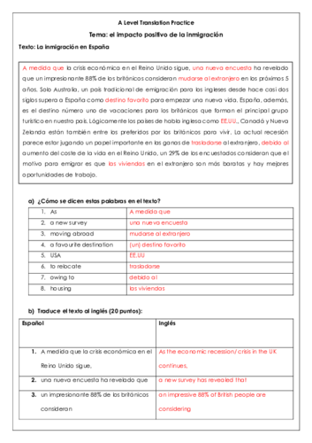 Spanish A Level la inmigración: translations on immigration to Spain ...
