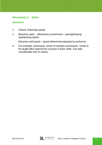 Aqa 9 1 Gcse Pe Sports Psychology Skill Classification Teaching Resources