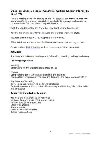 Opening Lines & Hooks: Creative Writing Lesson Plans _11 to 14 yrs ...