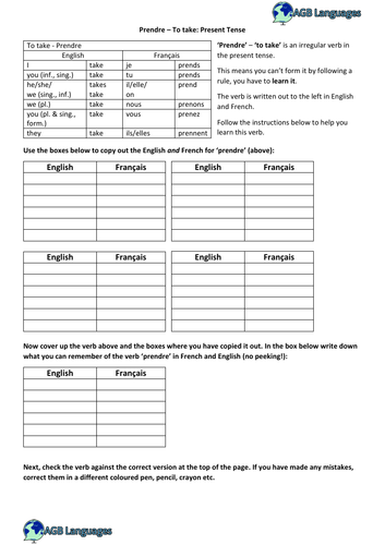 Prendre Worksheet (Extended) KS3/4 | Teaching Resources