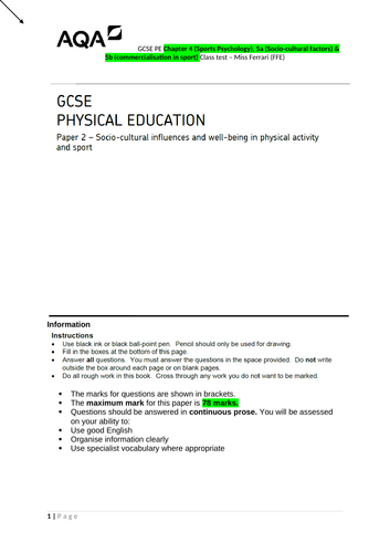 AQA GCSE PE - Paper 2 Chapter 4 - , Chapter 5a and 5b paper and mark ...