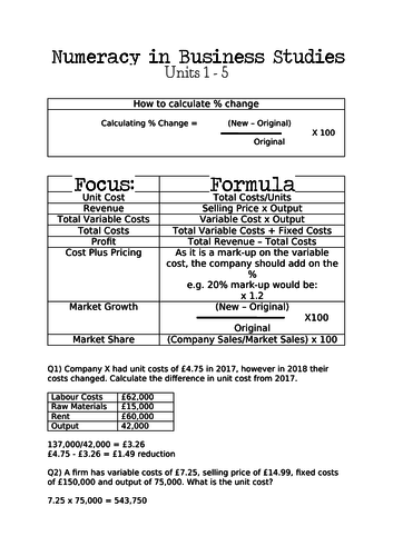 AQA GCSE Business Studies Calculations | Teaching Resources AQA GCSE Business Studies Calculations | Teaching Resources