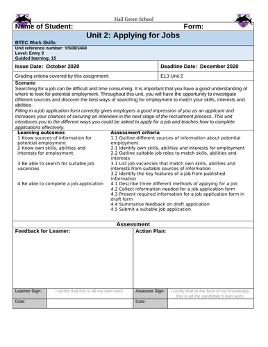 BTEC Workskills unit 3 Applying for jobs Entry Level 3 Job Applications ...