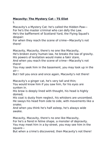 Macavity The Mystery Cat Classic Poetry Comprehension Activity ...