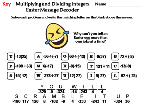 Multiplying and Dividing Integers Easter Math Activity: Message Decoder ...