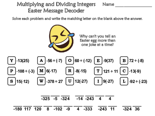 Multiplying and Dividing Integers Easter Math Activity: Message Decoder ...