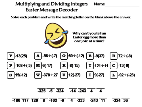 Multiplying and Dividing Integers Easter Math Activity: Message Decoder ...