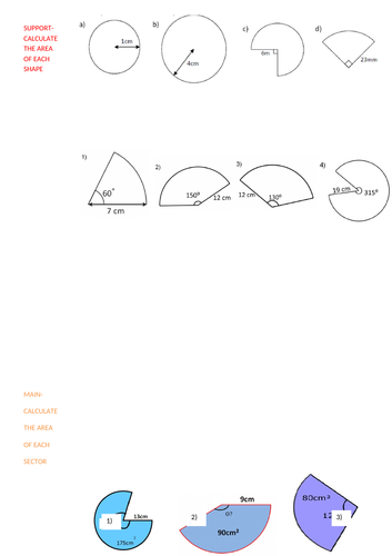 area of sectors differentiated lesson and worksheet | Teaching Resources