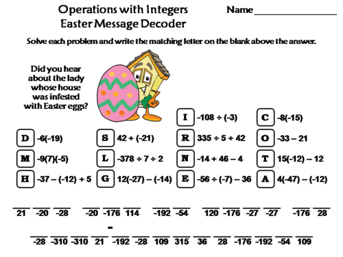 Operations with Integers Easter Math Activity: Message Decoder ...
