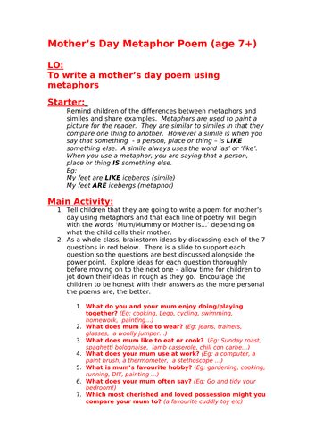 How to Write a Mother's Day Metaphor Poem KS2 upwards (lesson plan and ...